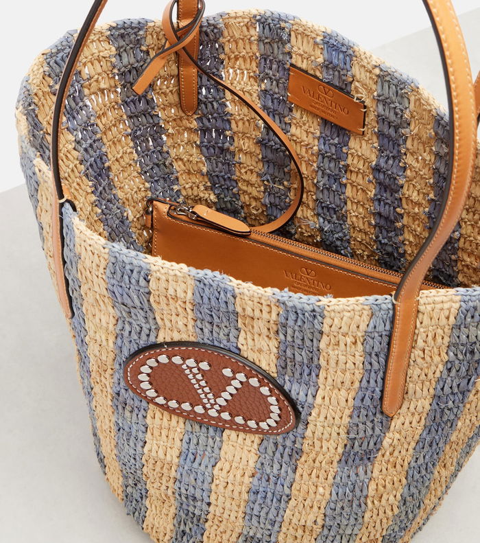 VALENTINO GARAVANI VLogo Large Leather-trimmed Striped Raffia Tote Bag ...