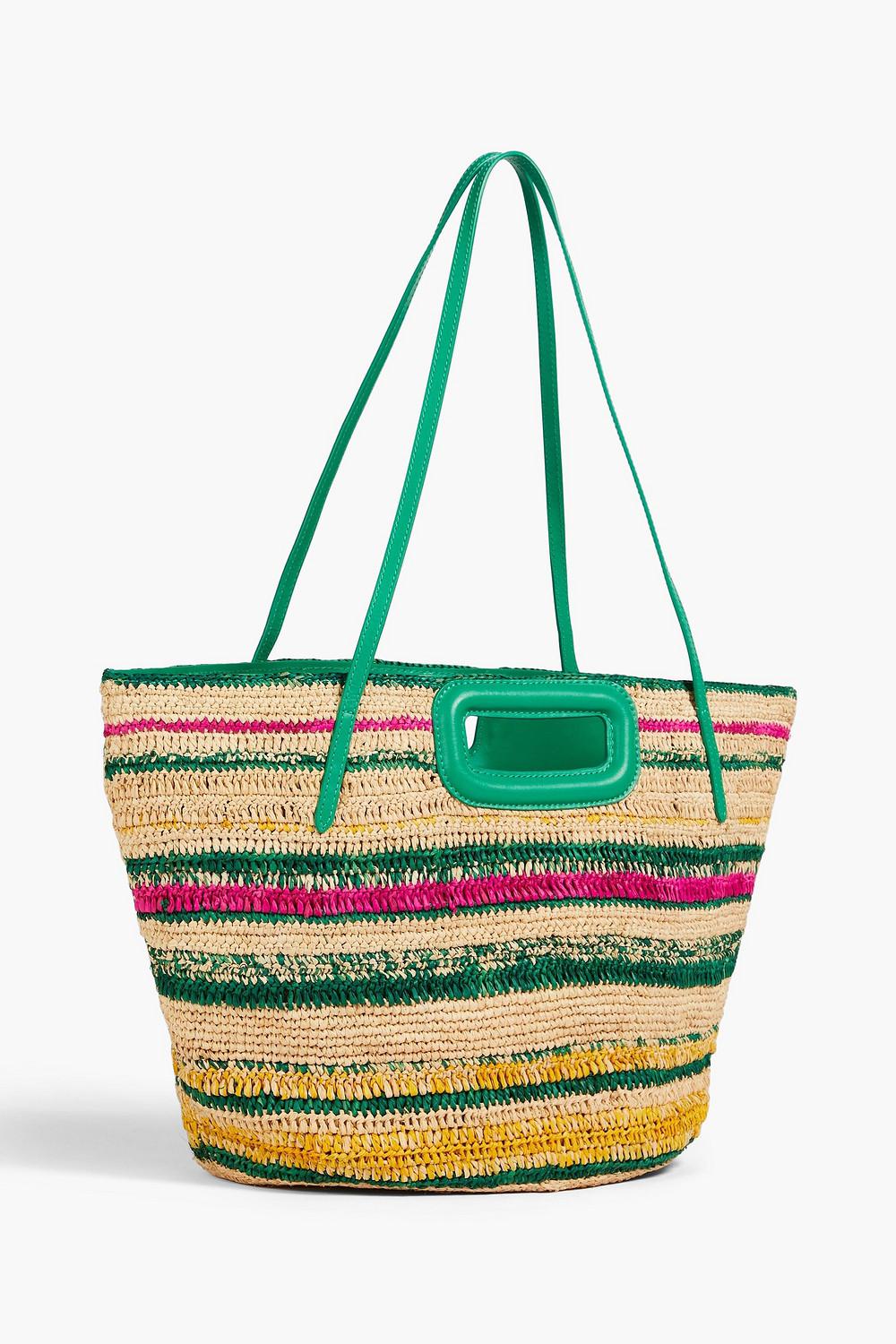 MAJE Leather-trimmed Striped Raffia Tote | endource