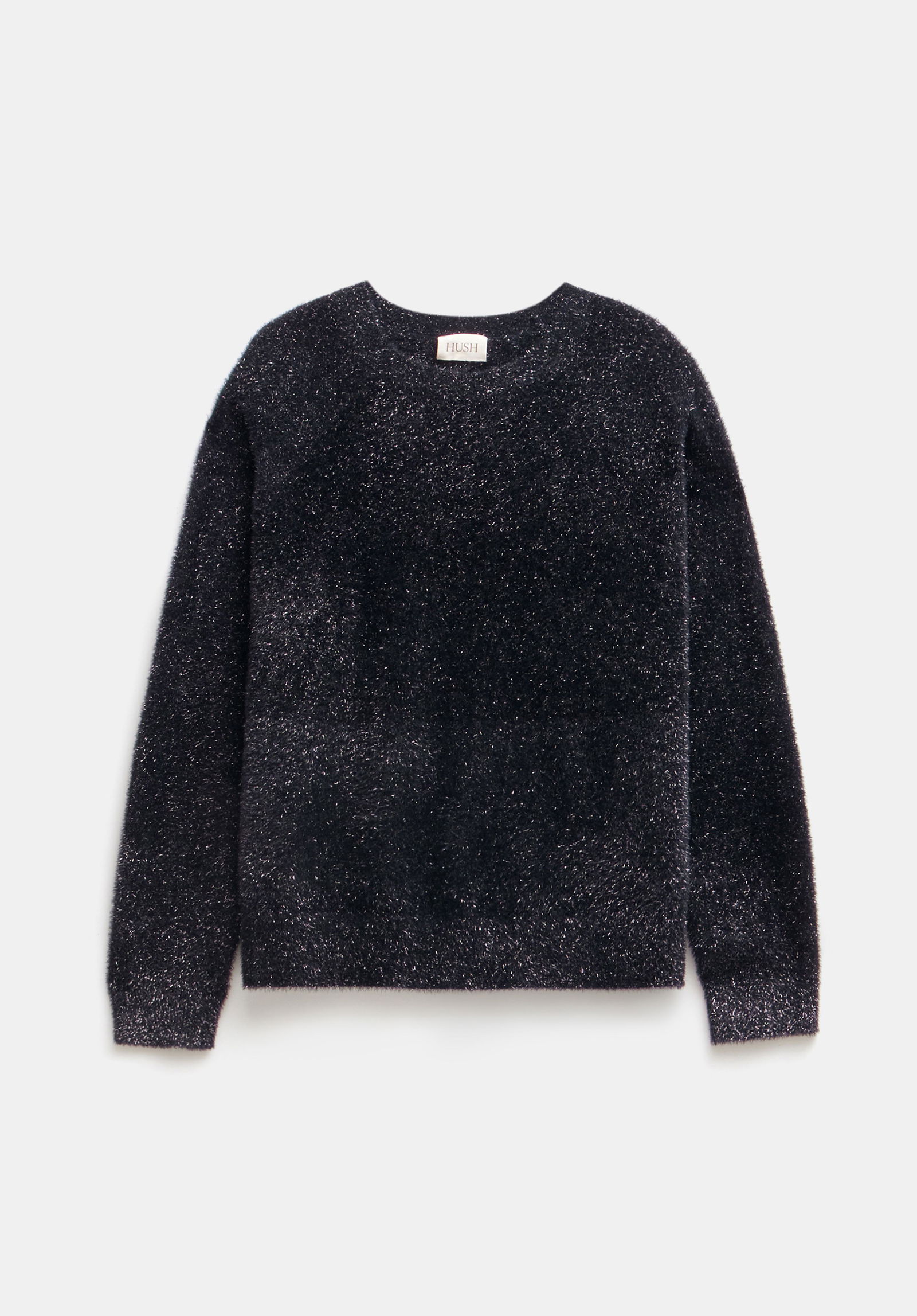 HUSH Jaime Metallic Tinsel Crew Neck Jumper in Black/Silver Metallic ...