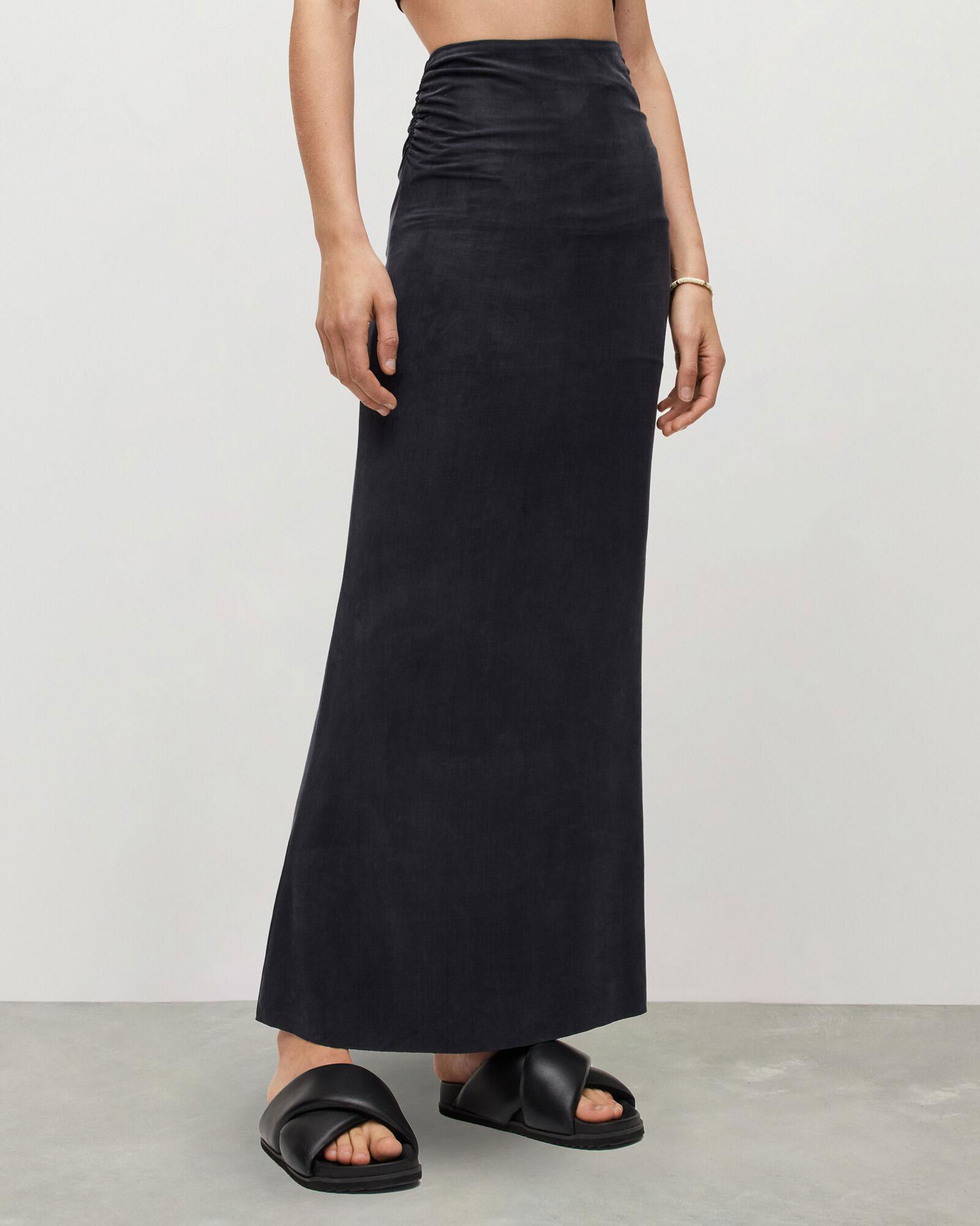ALLSAINTS Sierra Low Rise Side Gathered Maxi Skirt in Black | endource
