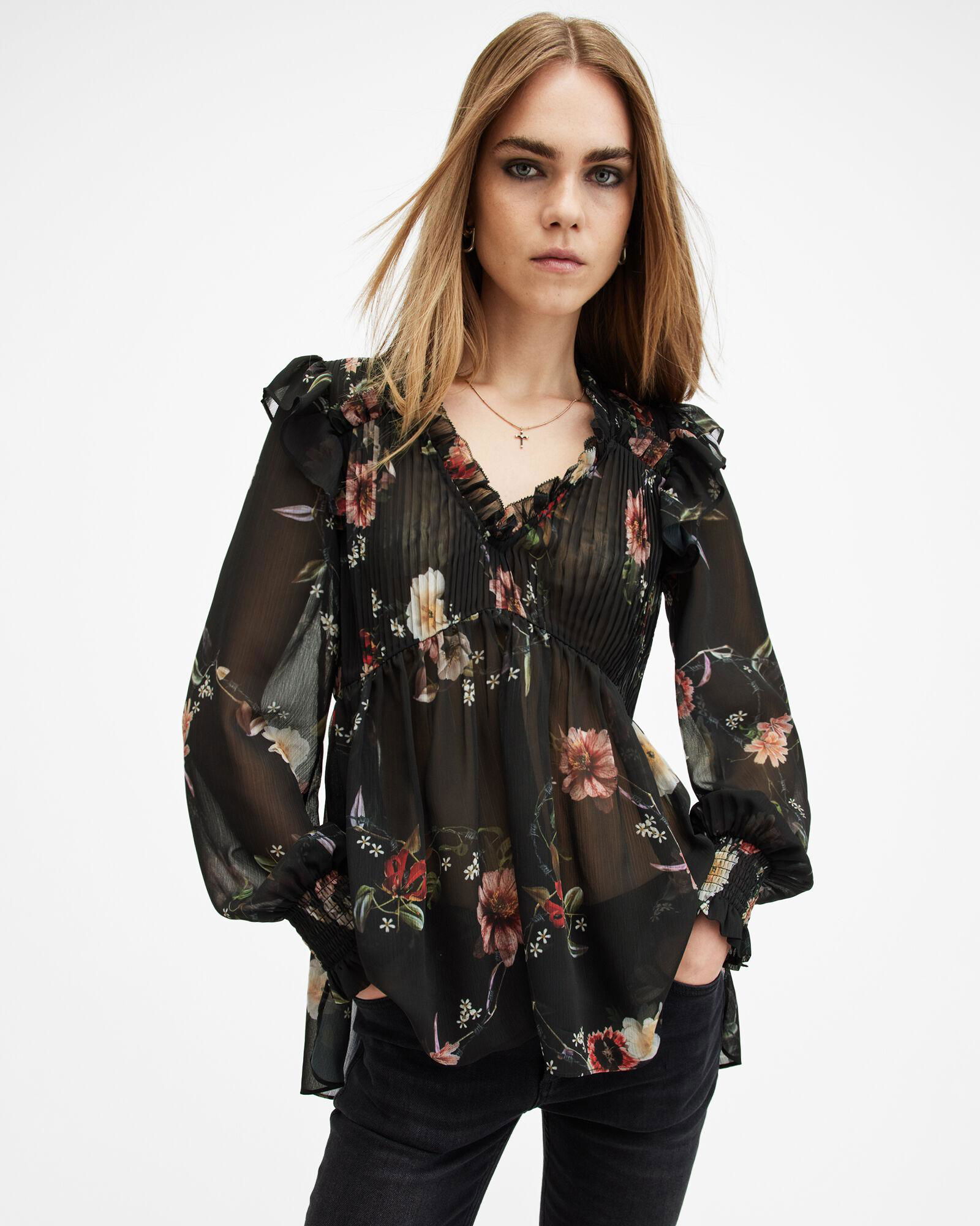 ALLSAINTS Iryna Frill Printed Sheer Top in Unity Black | endource