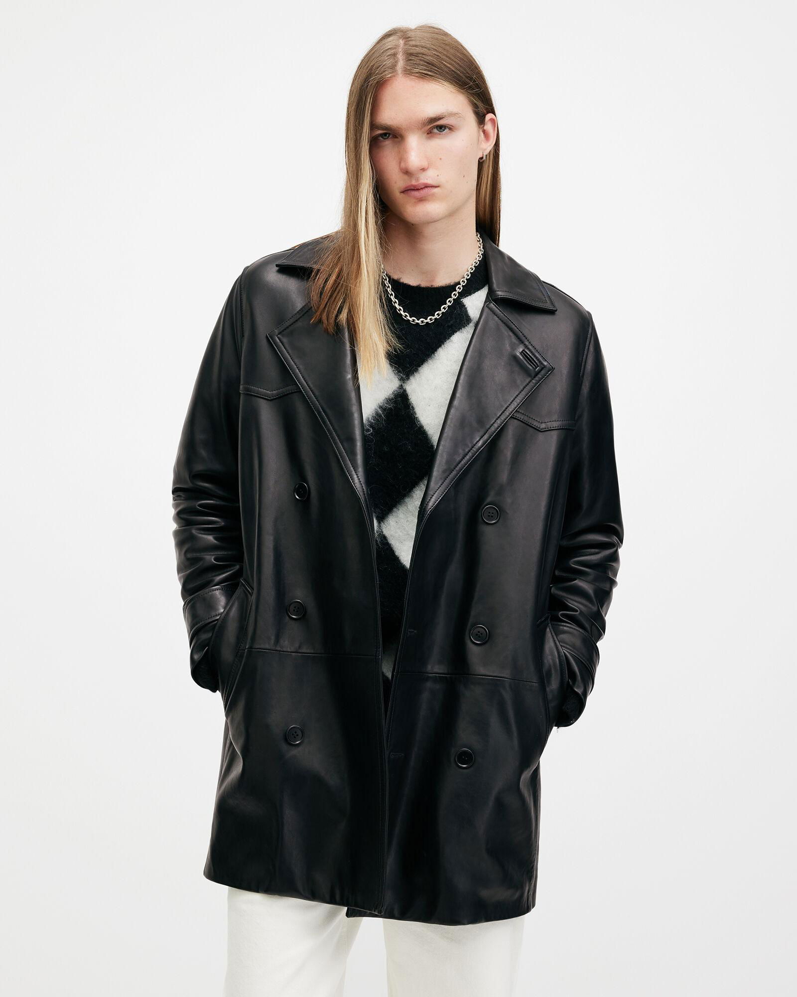 ALLSAINTS Kessler Double Breasted Leather Coat in Black | endource