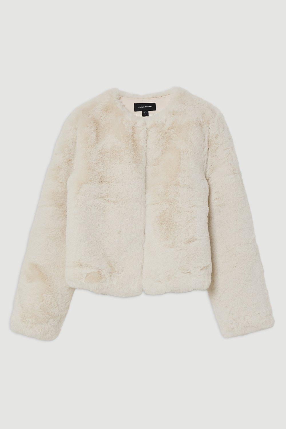 KAREN MILLEN Tall Collarless Faux Fur Jacket in Ivory | endource