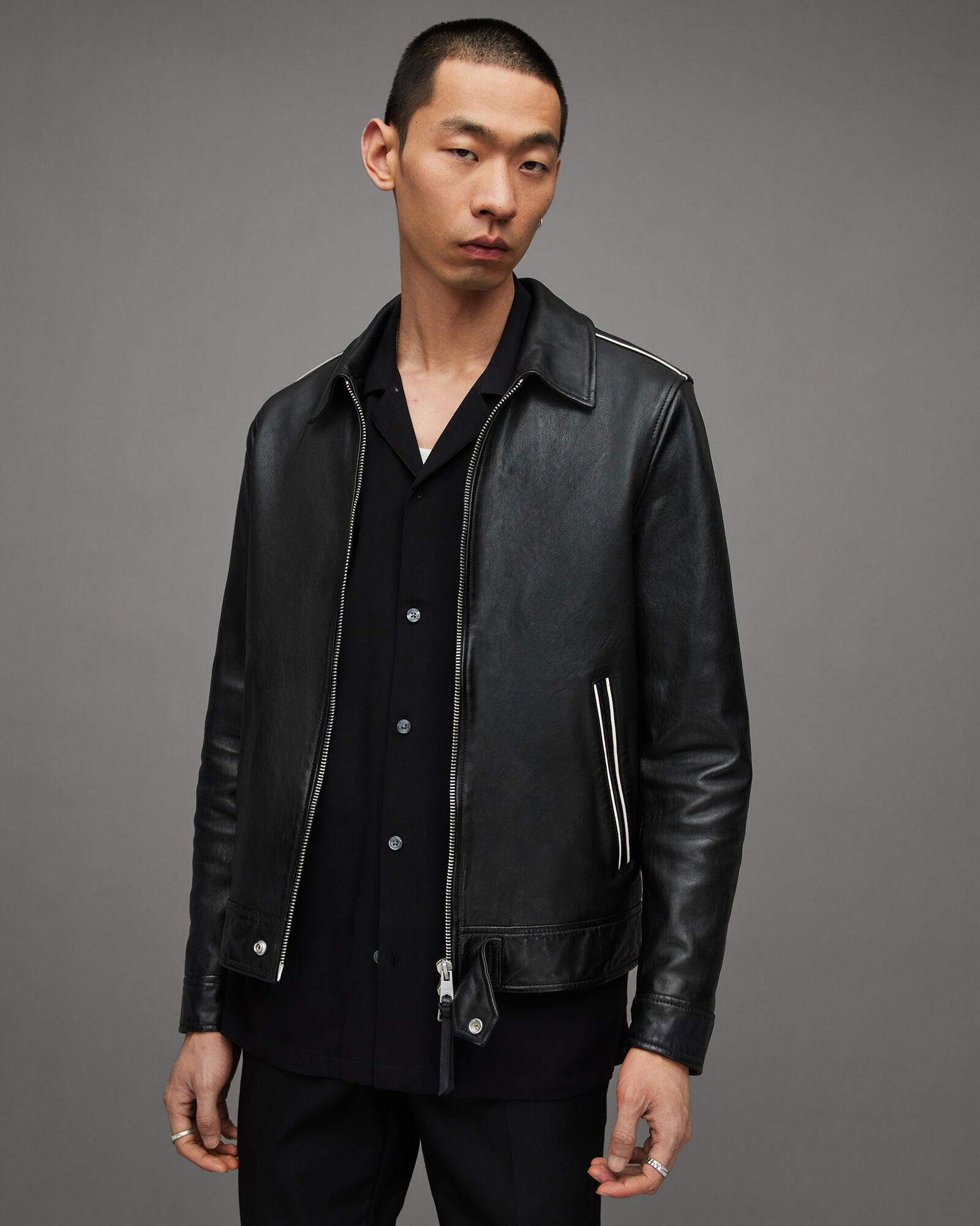 ALLSAINTS Regis Contrast Stitched Leather Jacket in Black | endource