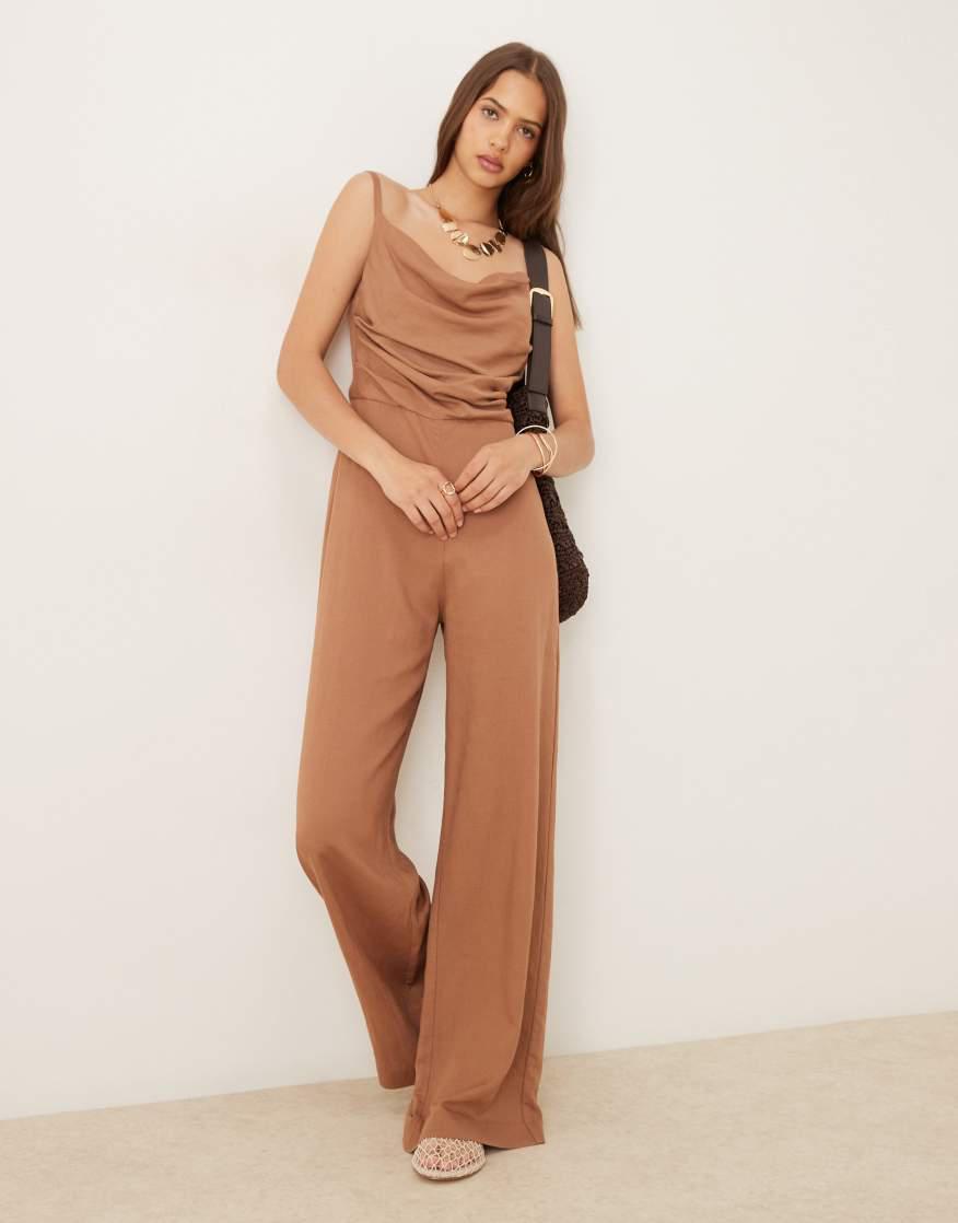 MANGO Draped Ruched Bodice Jumpsuit With Wide Leg | endource