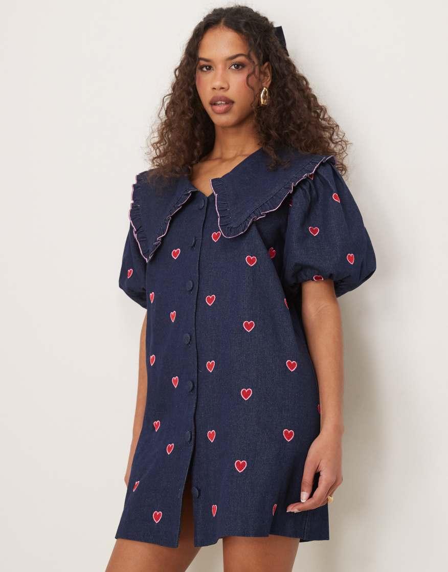 SISTER JANE Hearts Embroidered Mini Dress in Blue Denim | endource