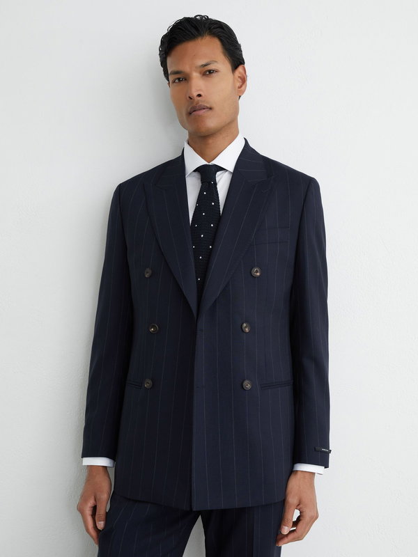 REISS Wool Pinstripe Double-Breasted Suit Blazer Tailored-Fit In Navy ...
