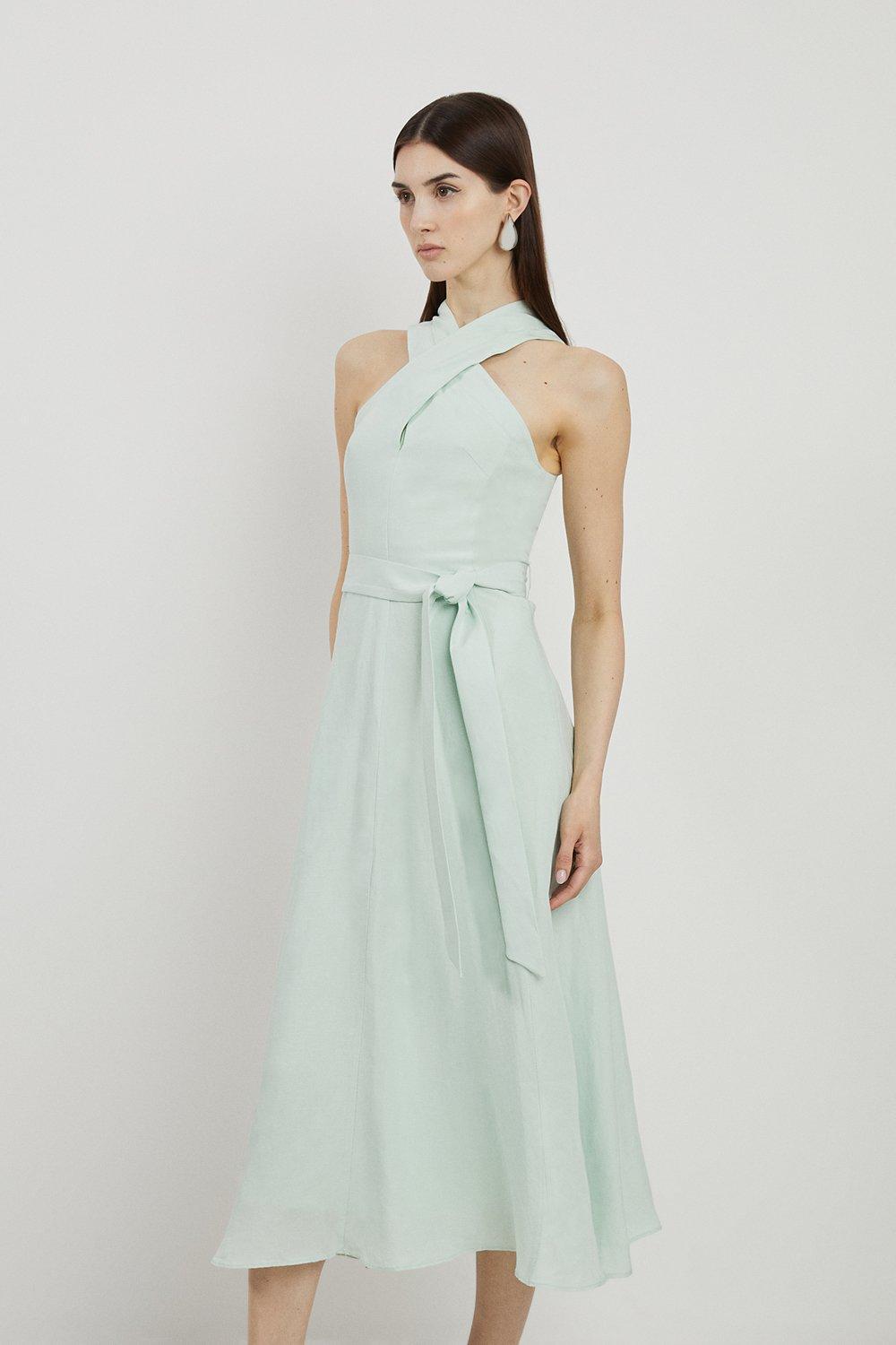 KAREN MILLEN Premium Tailored Linen Halterneck Full Skirted Midi Dress ...