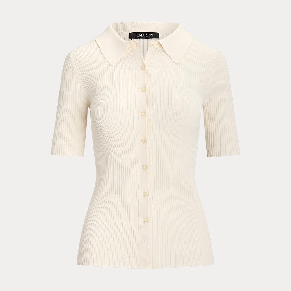 LAUREN RALPH LAUREN Rib-Knit Elbow-Sleeve Polo Cardigan in Blue | endource