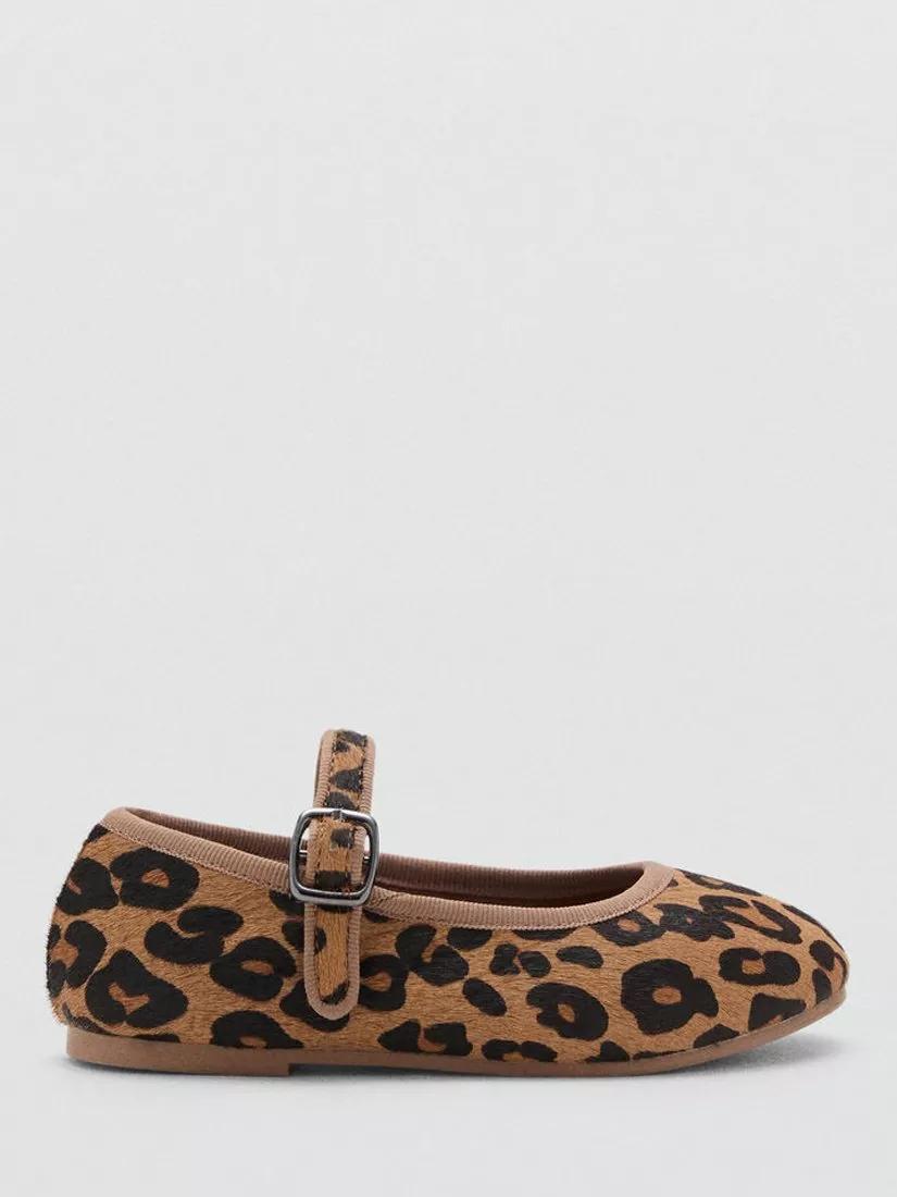 MANGO Kids' Leather Round Toe Leopard Pumps, Black/Multi | endource