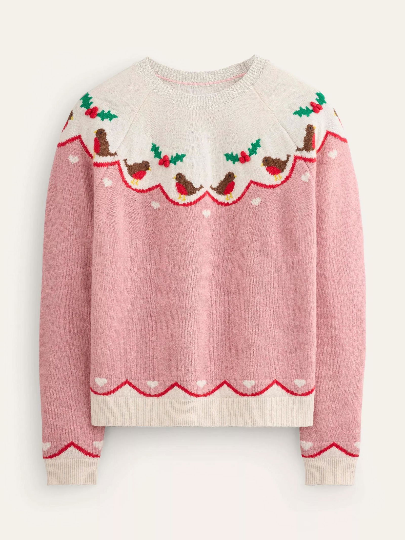 BODEN Edie Fair Isle Robins Jumper in Quartz Pink/Multi | endource