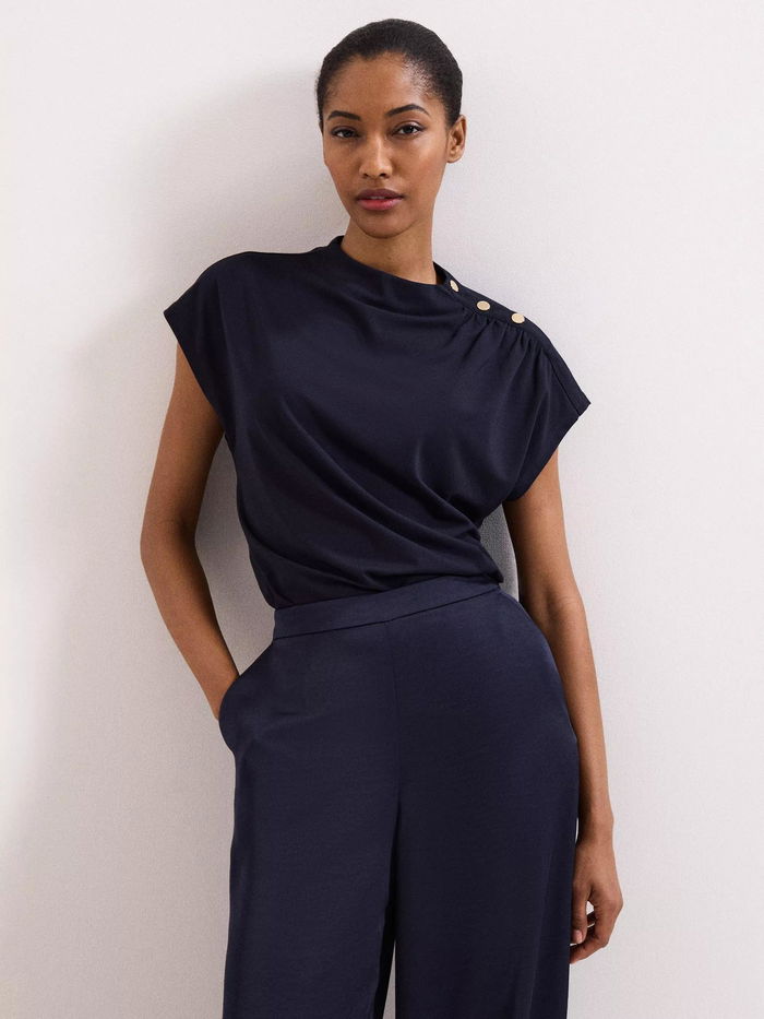 PHASE EIGHT Paige Button Shoulder Ponte Top, Navy | endource