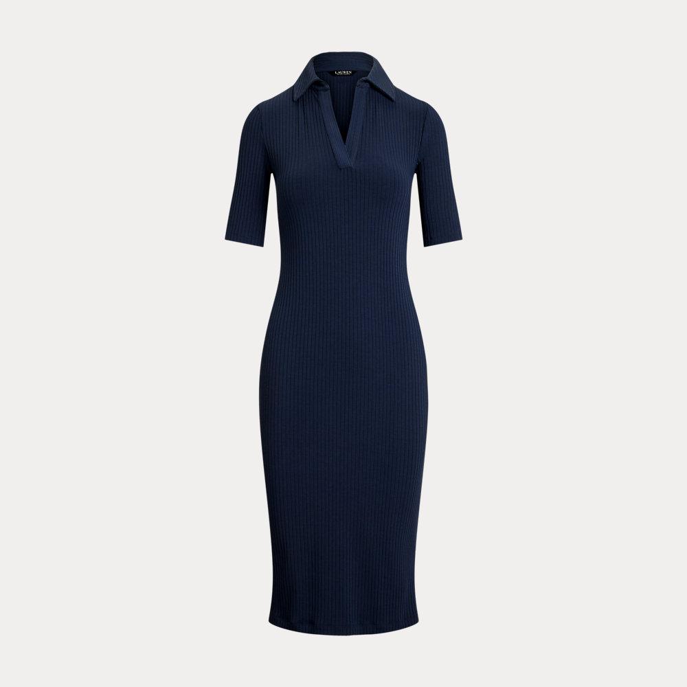 LAUREN RALPH LAUREN Rib-Knit Elbow-Sleeve Polo Dress in Blue | endource