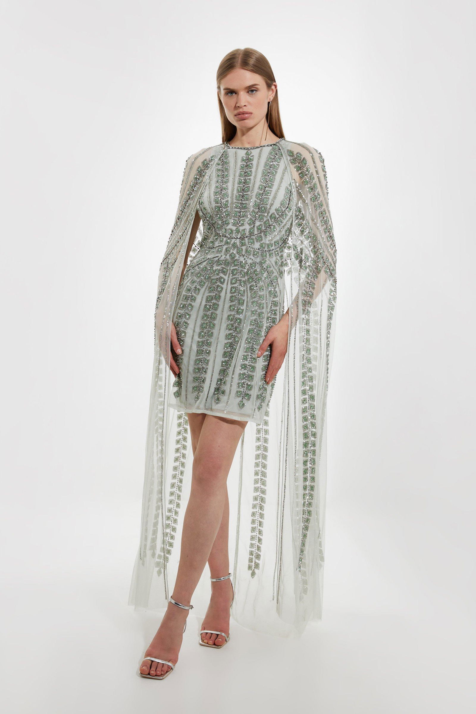 KAREN MILLEN Premium Embellished Cape Mini Dress in Sage | endource