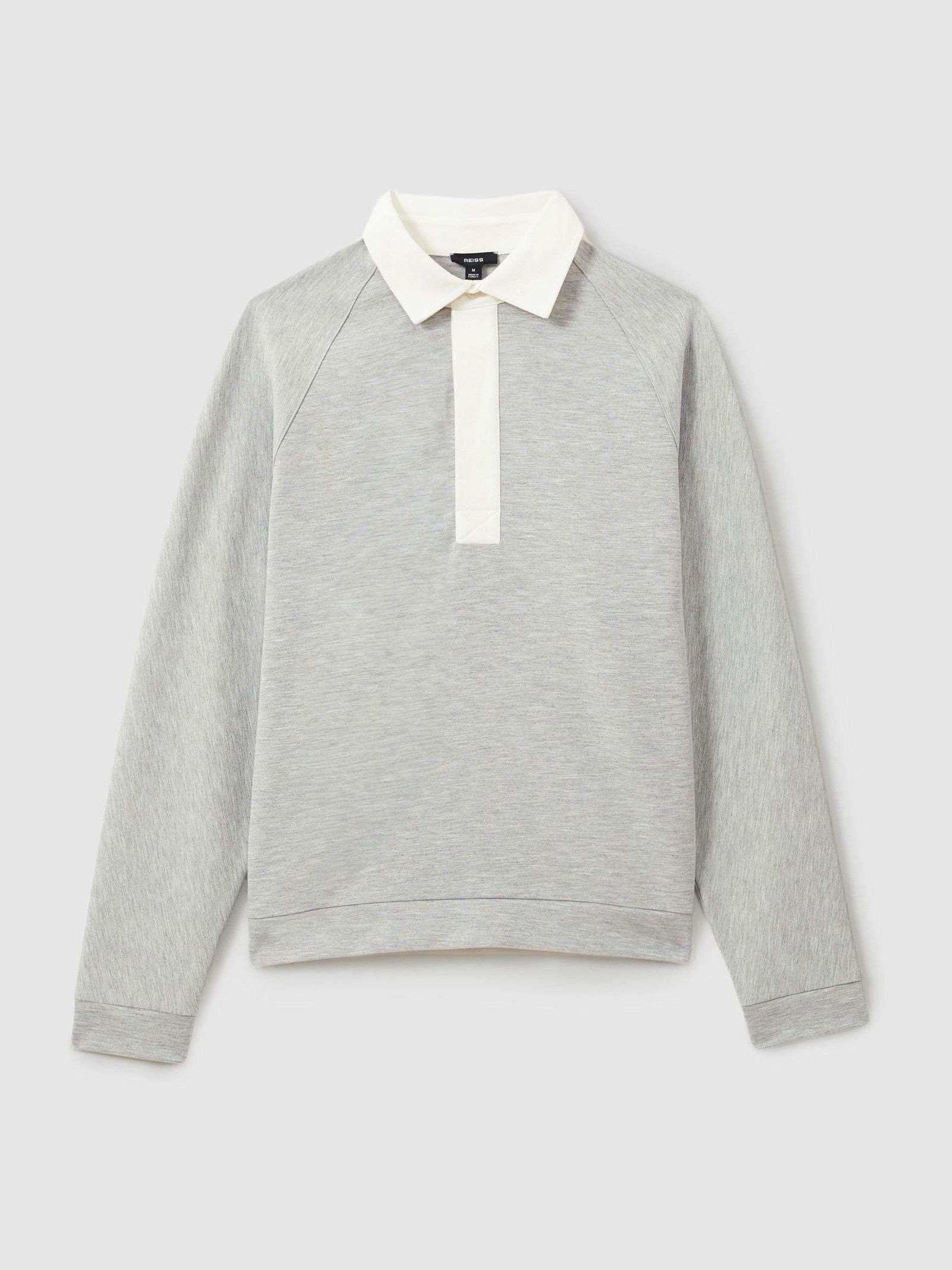 REISS Concealed Placket Jersey Rugby Shirt in Grey Melange | endource