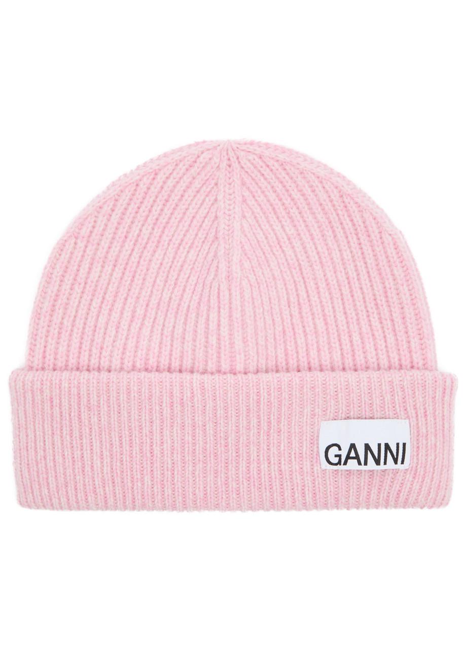 GANNI Logo Ribbed Wool-Blend Beanie | endource