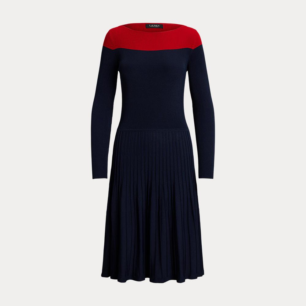 LAUREN RALPH LAUREN Two-Tone Pointelle-Knit Dress in Blue | endource