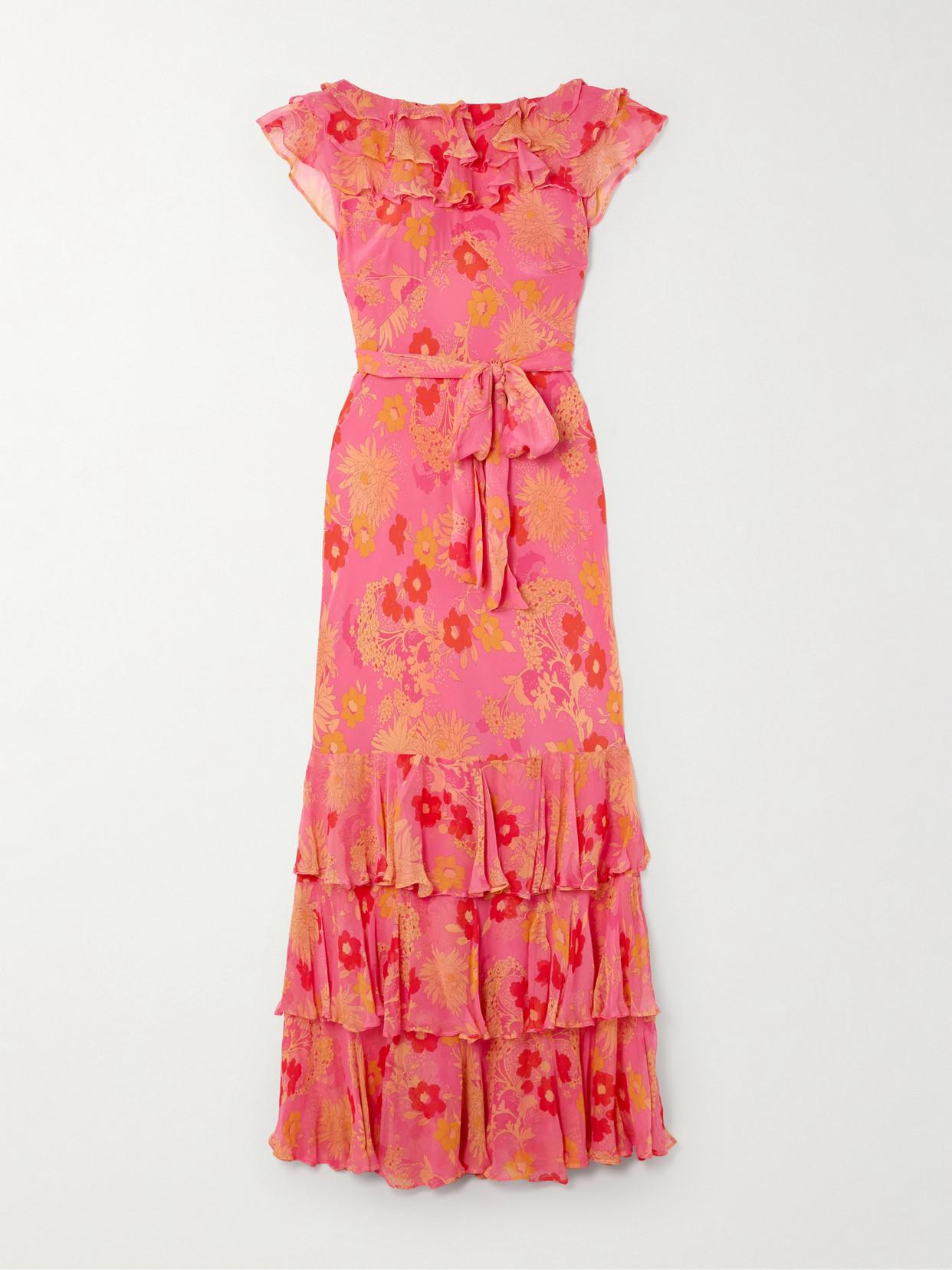 RIXO Rio Belted Open-Back Ruffled Floral-Print Silk Crepe De Chine Maxi Dress in Pink | endource