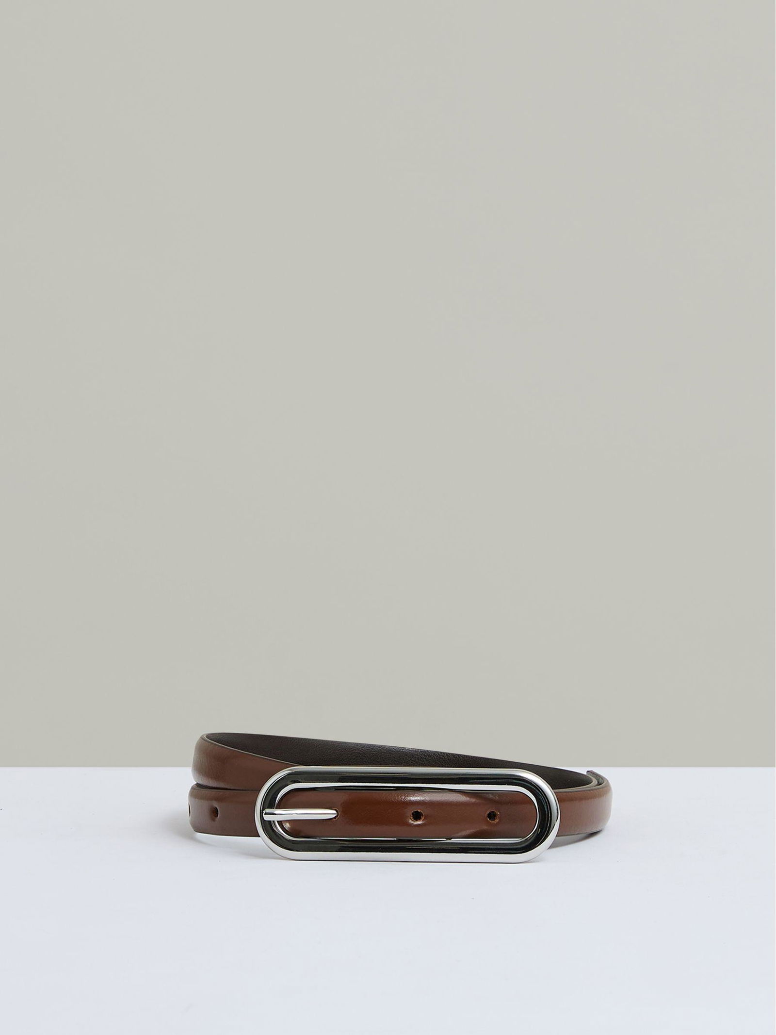 REISS Thin Leather Elongated Buckle Belt in Tan | endource