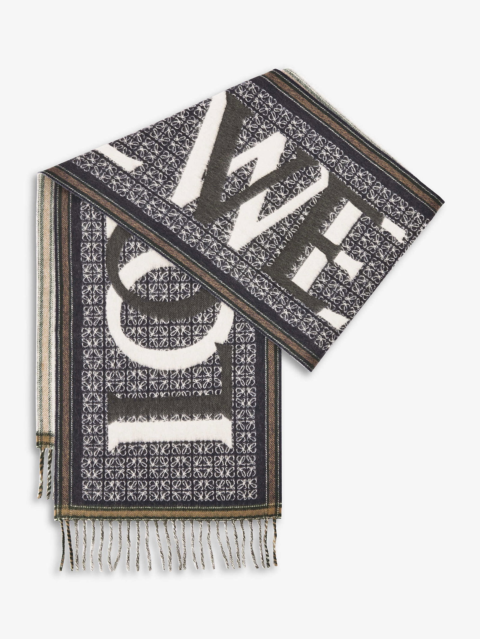 LOEWE Logo-Intarsia Wool And Cashmere-Blend Scarf in NAVY BLUE | Endource