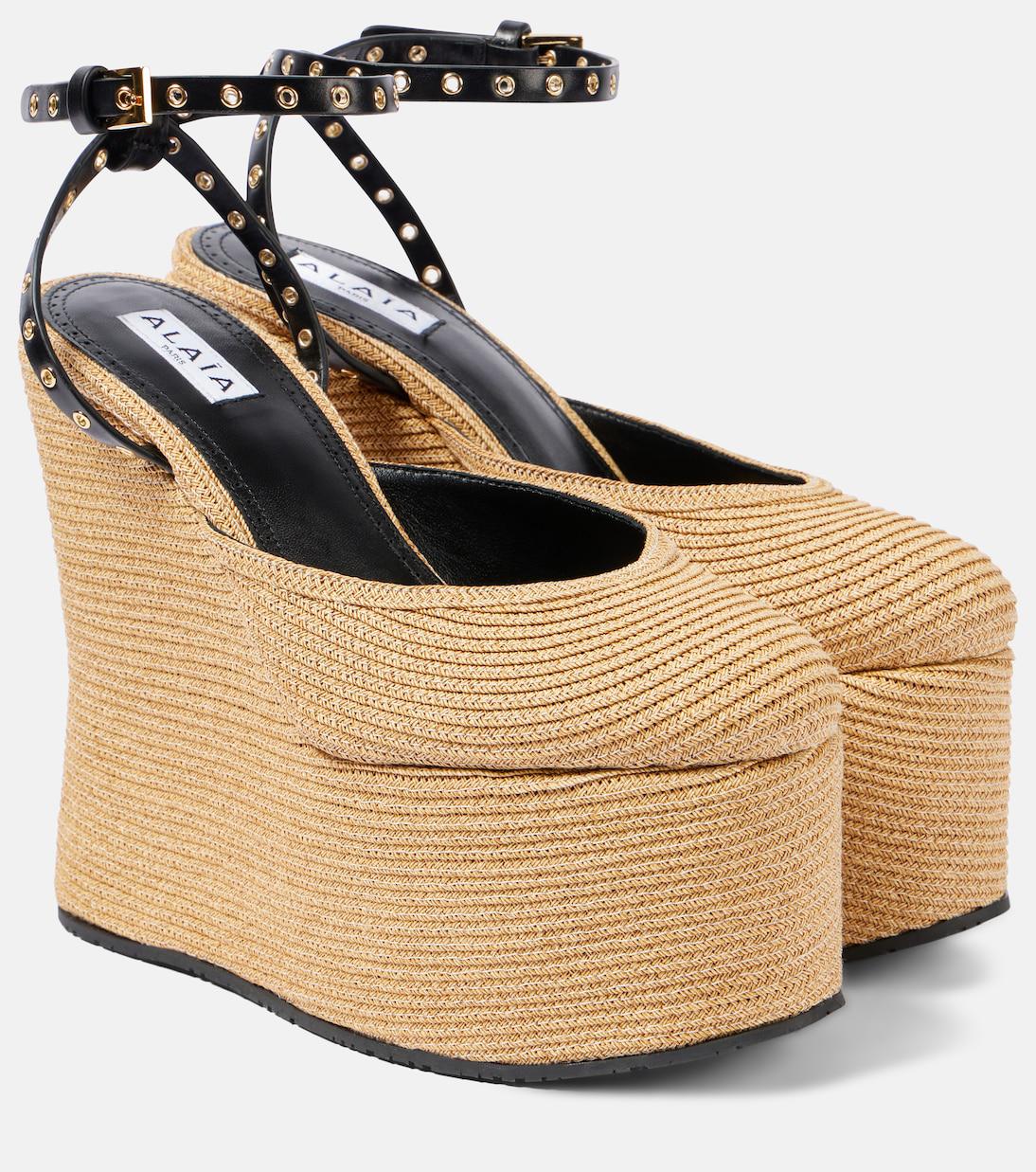 Alaïa Leather-Trimmed Raffia Wedge Sandals in Beige | endource