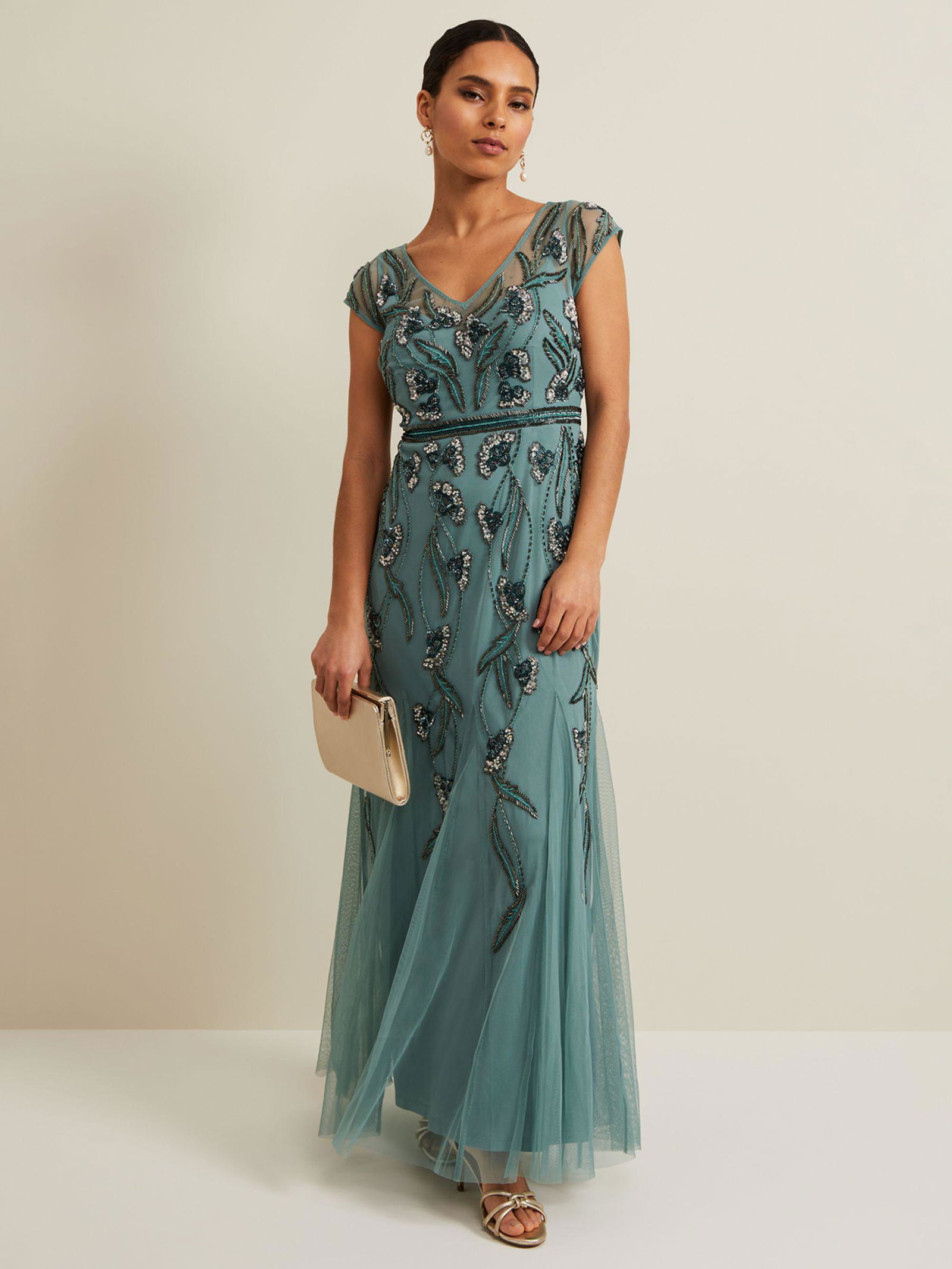 PHASE EIGHT Evonne Embellished Tulle Maxi Dress in Light Green | endource