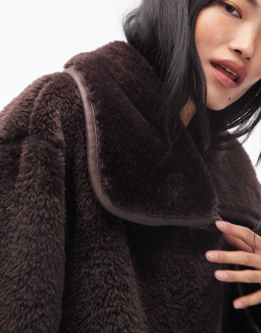 ARKET Oversized Faux Shearling Jacket In Brown With Contrast Edging ...