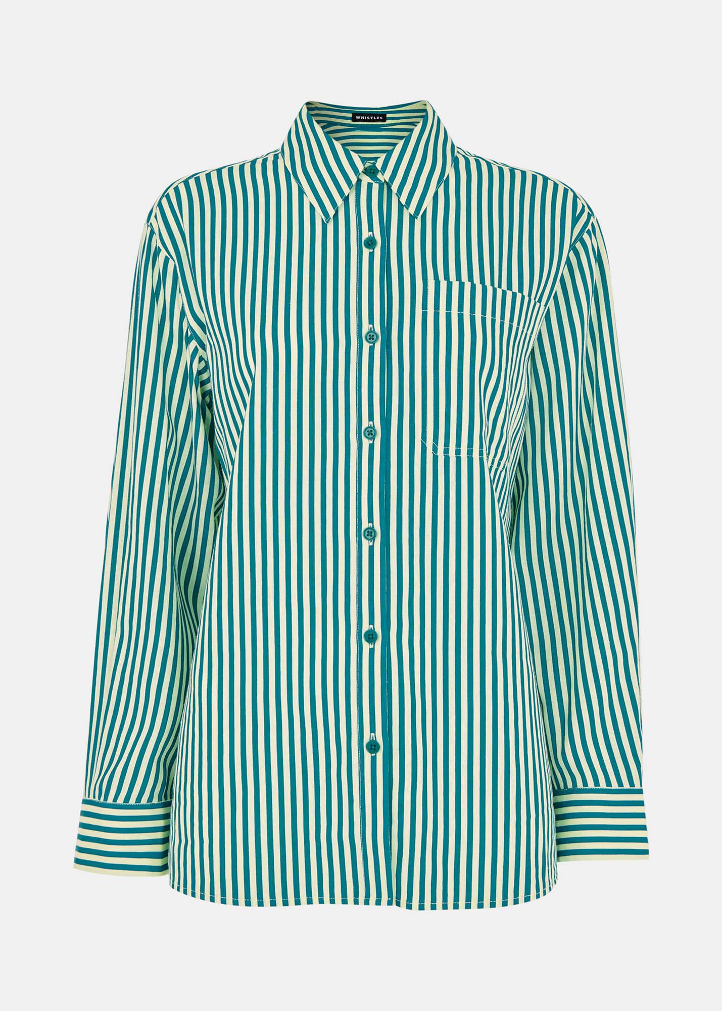 WHISTLES Stripe Linen Shirt in Green/Multi | endource