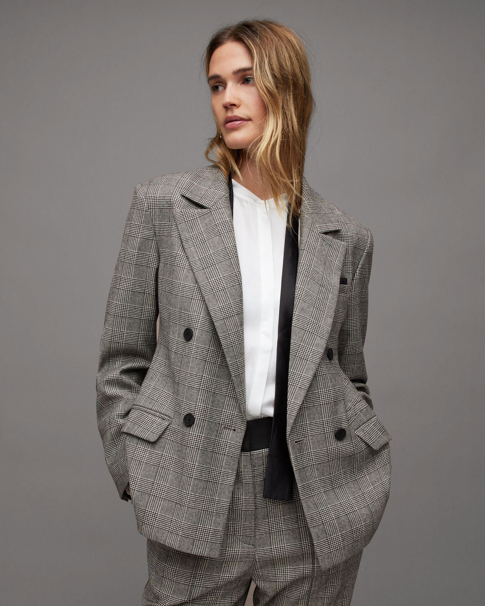 ALLSAINTS Bea Woven Checked Slim Fit Blazer in Grey | Endource