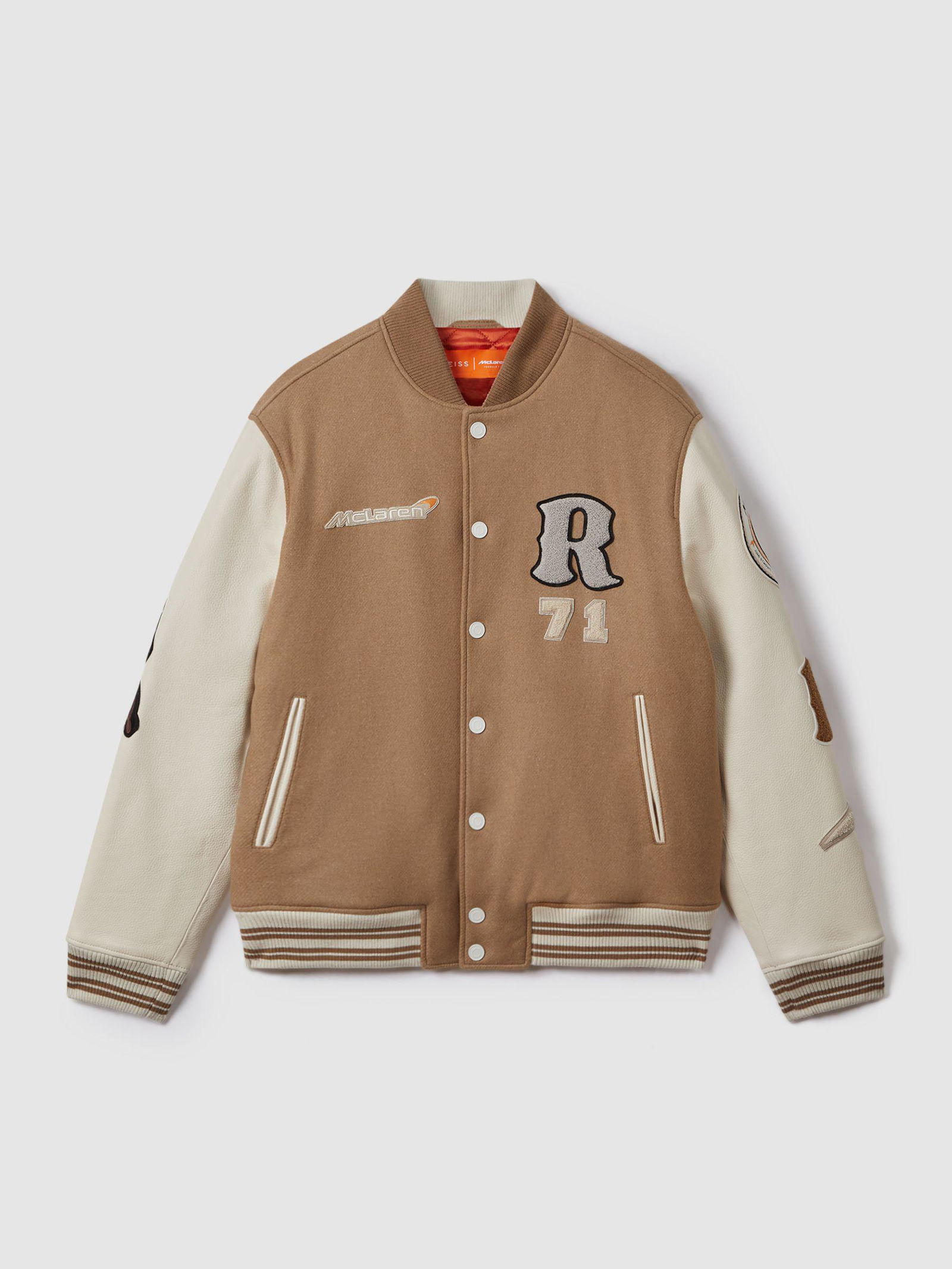 REISS Reiss x McLaren Formula 1 - Leather Varsity Jacket in Camel/Ecru ...