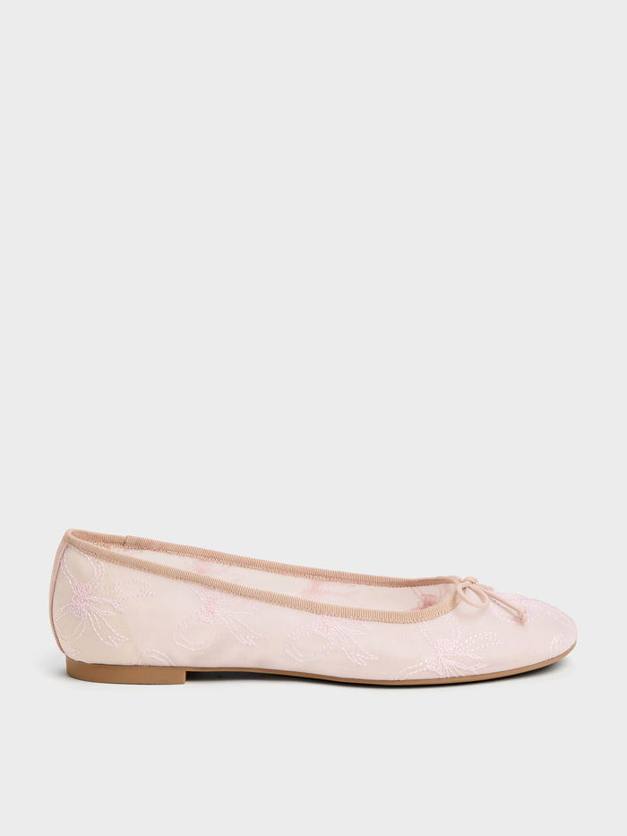 CHARLES & KEITH Embroidered-Mesh Bow Ballet Flats | endource