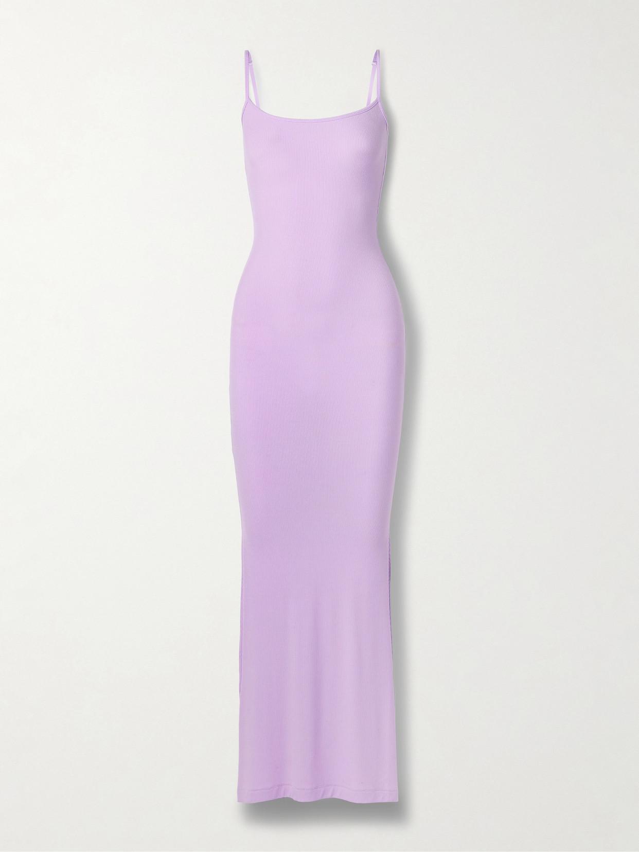 SKIMS Soft Lounge Rib Long Stretch-Modal Slip Dress in Purple | endource
