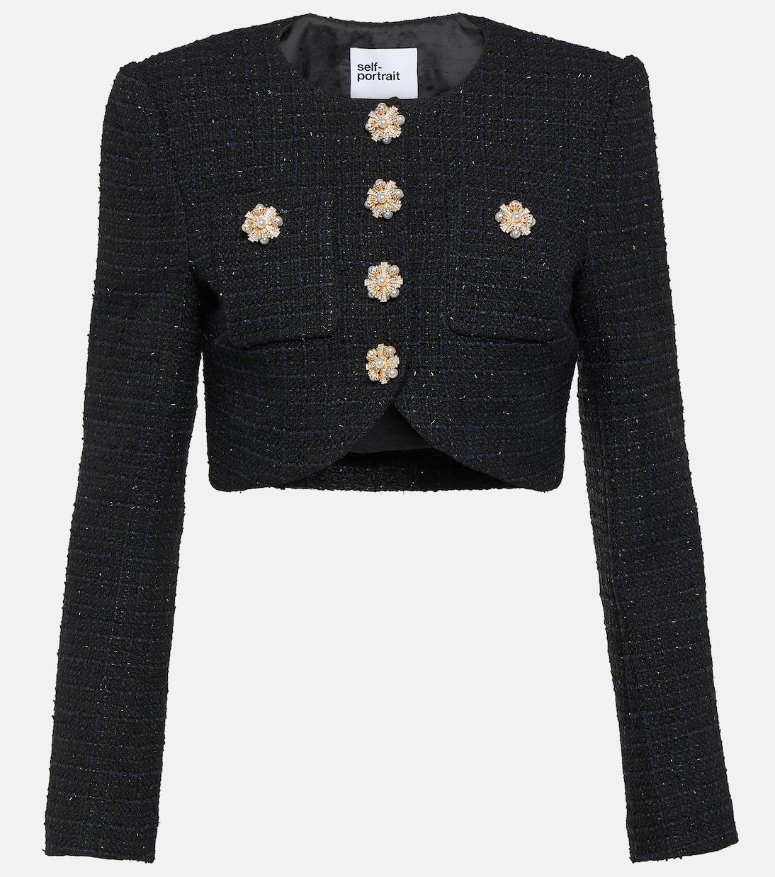 SELF-PORTRAIT Cropped Bouclé Jacket in Black | Endource