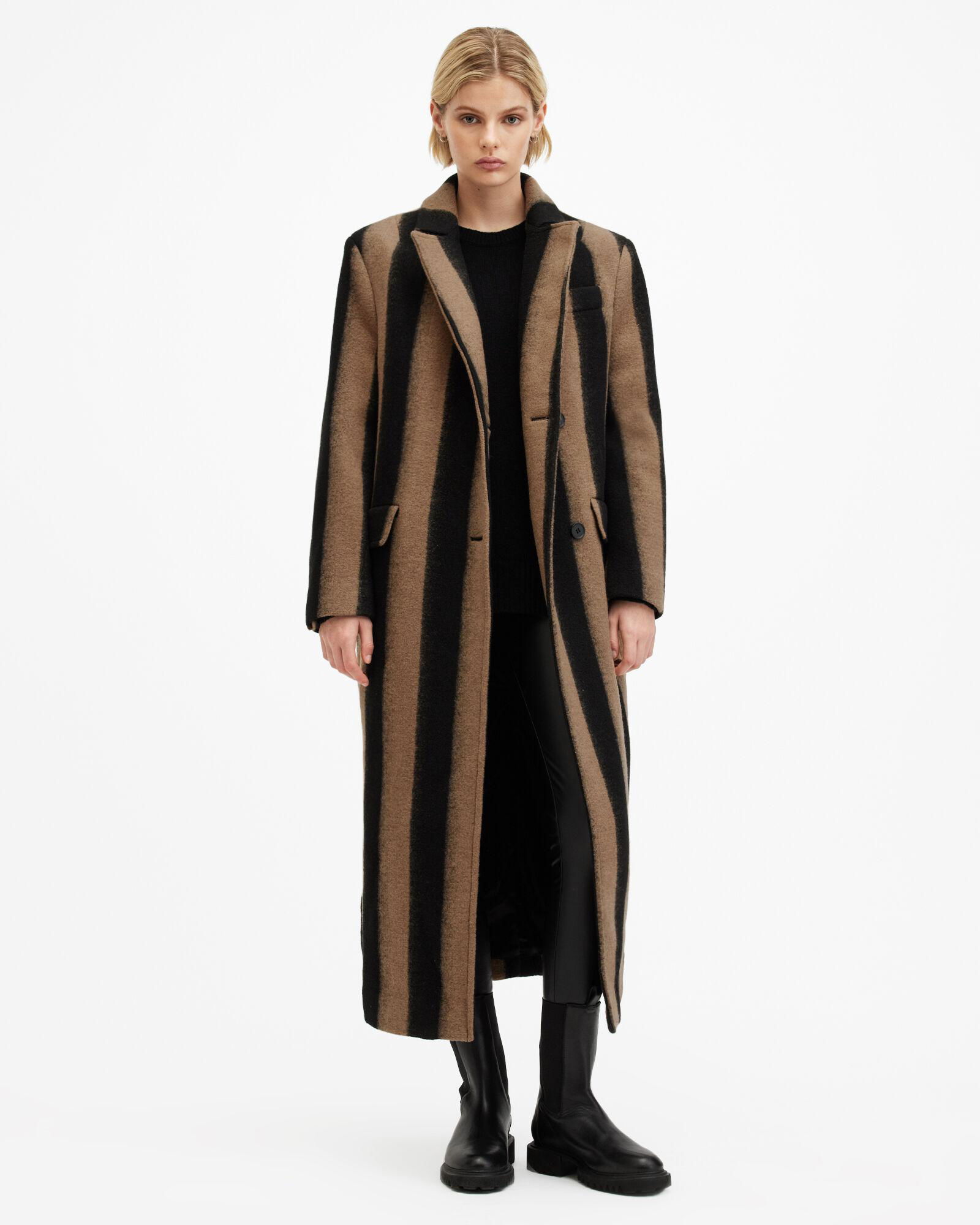 ALLSAINTS James Wool Blend Striped Maxi Coat in Brown/Black | endource