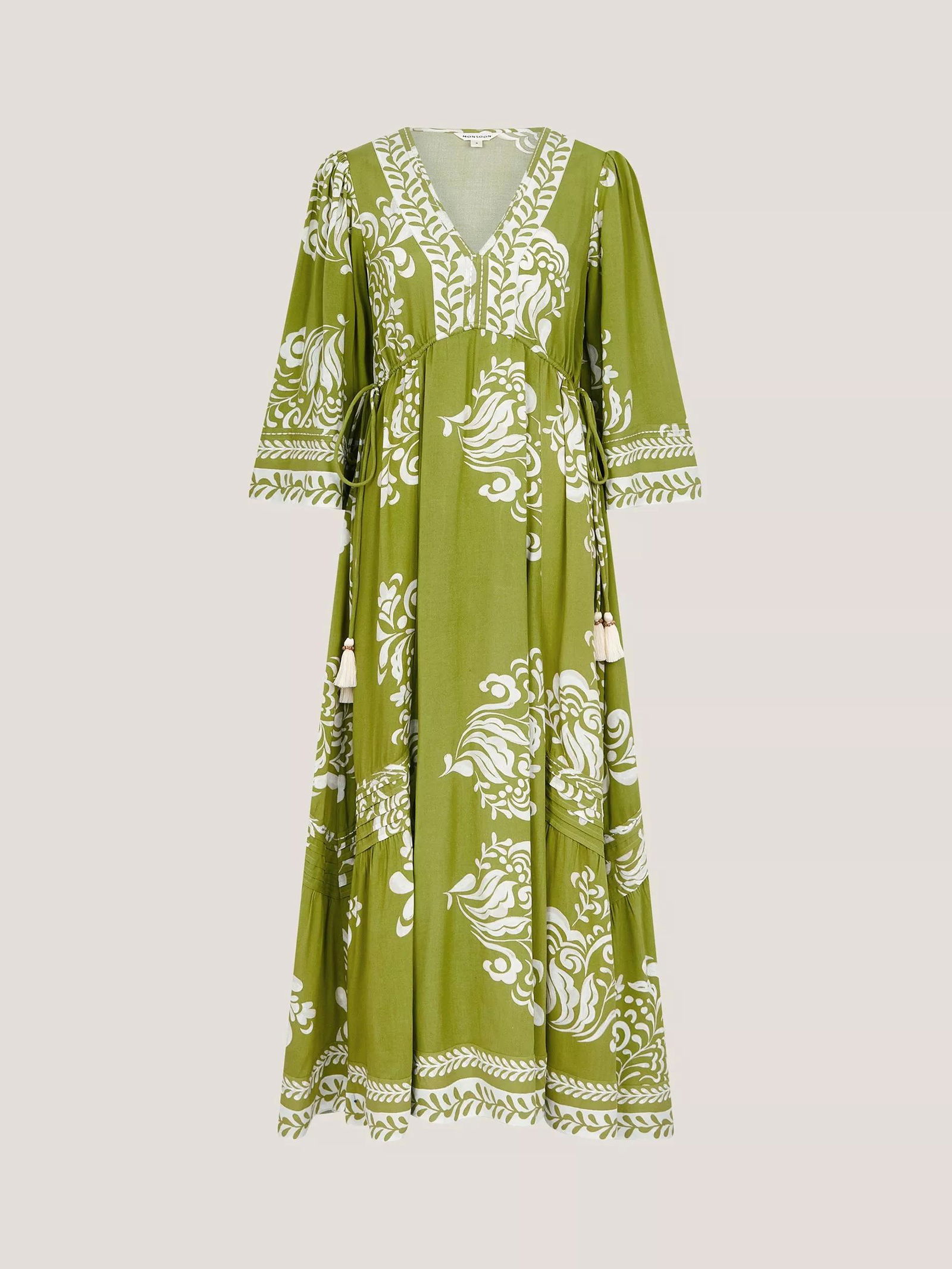 Monsoon Miley Floral Floaty Sleeve Midi Dress in Green/White | endource