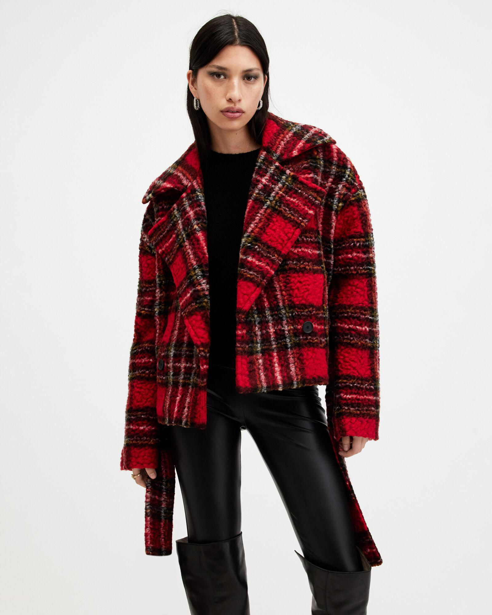 ALLSAINTS Boston Oversized Cropped Check Jacket in Red | endource