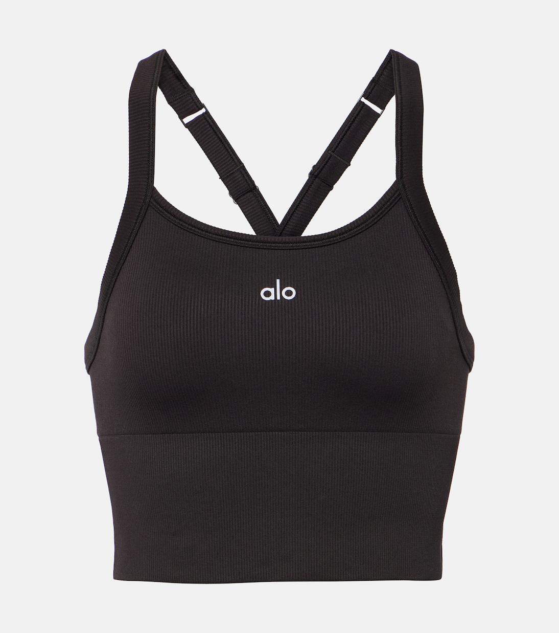 ALO YOGA Seamless Ribbed Logo Sports Bra in Black | endource