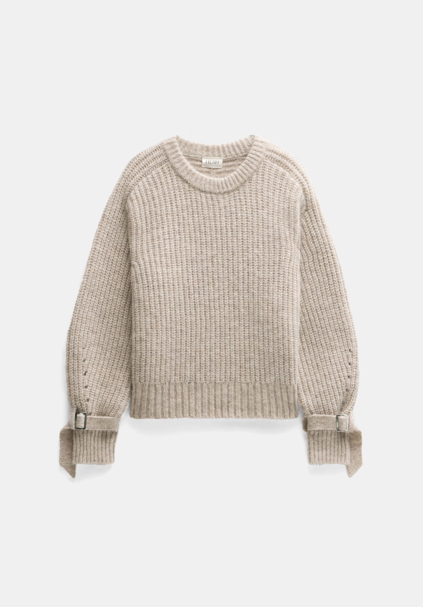 HUSH Francis Tie and Buckle Detail Jumper in Light Beige | endource