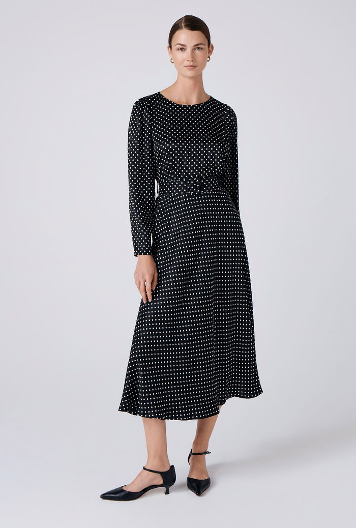 GHOST Sophia Polka Dot Satin Midi Belted Dress | endource