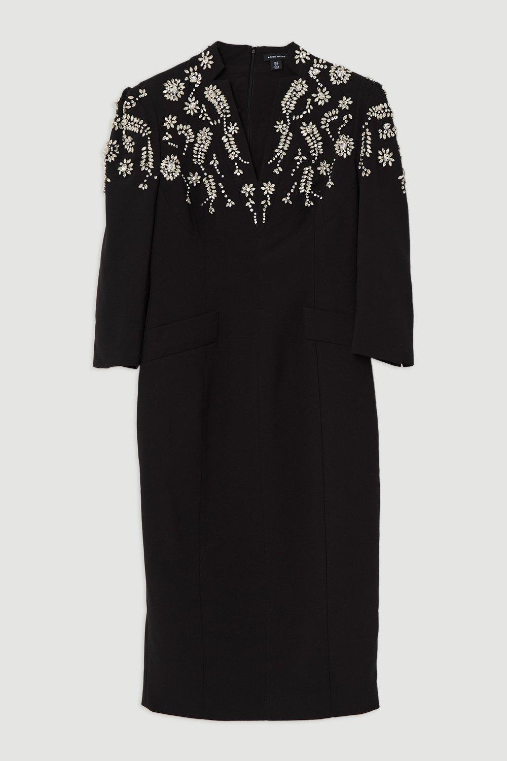 KAREN MILLEN Crystal Embellished Compact Stretch Tailored Forever Dress ...