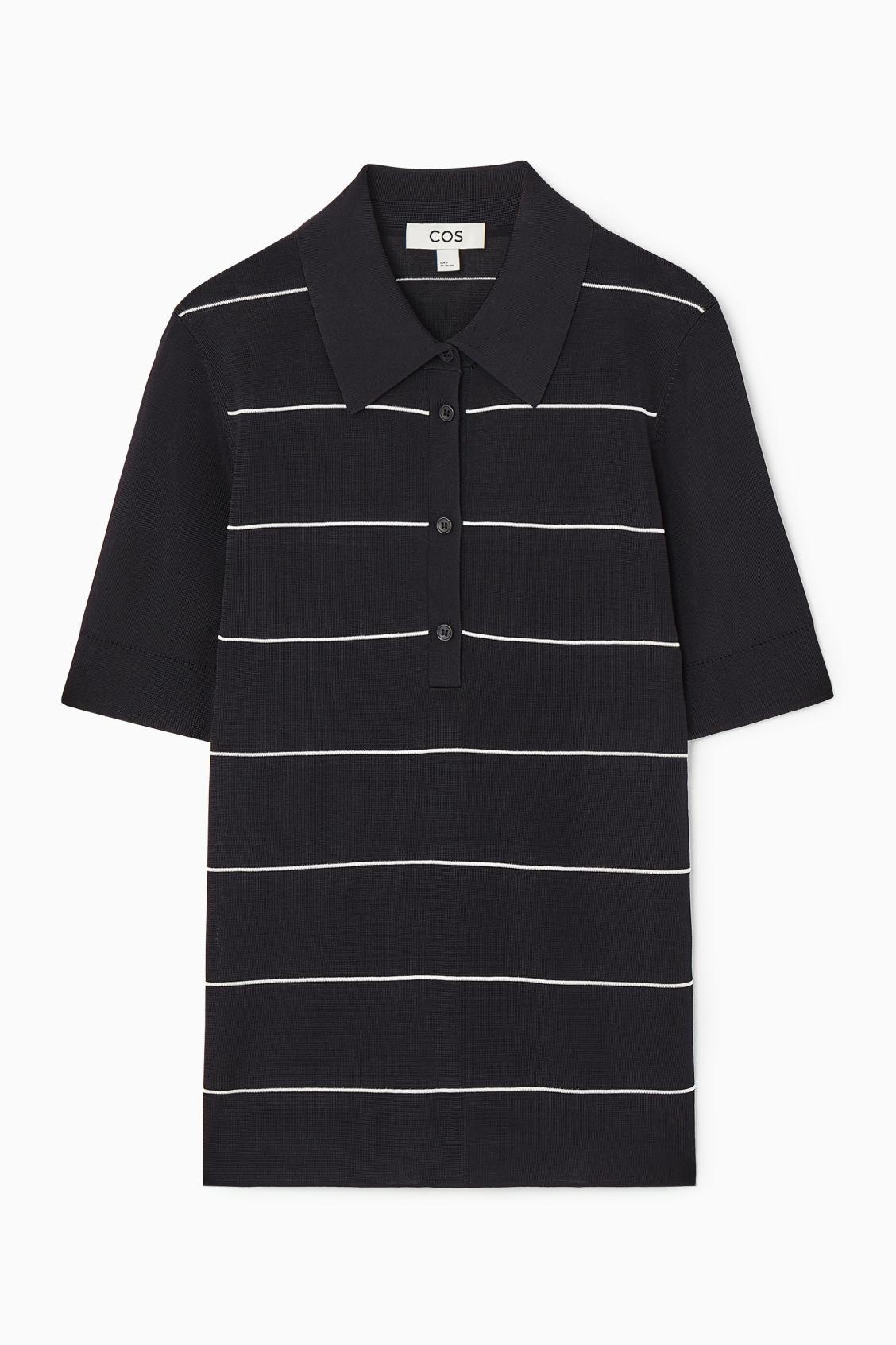 COS Striped Knitted Polo Shirt in NAVY / STRIPED | endource