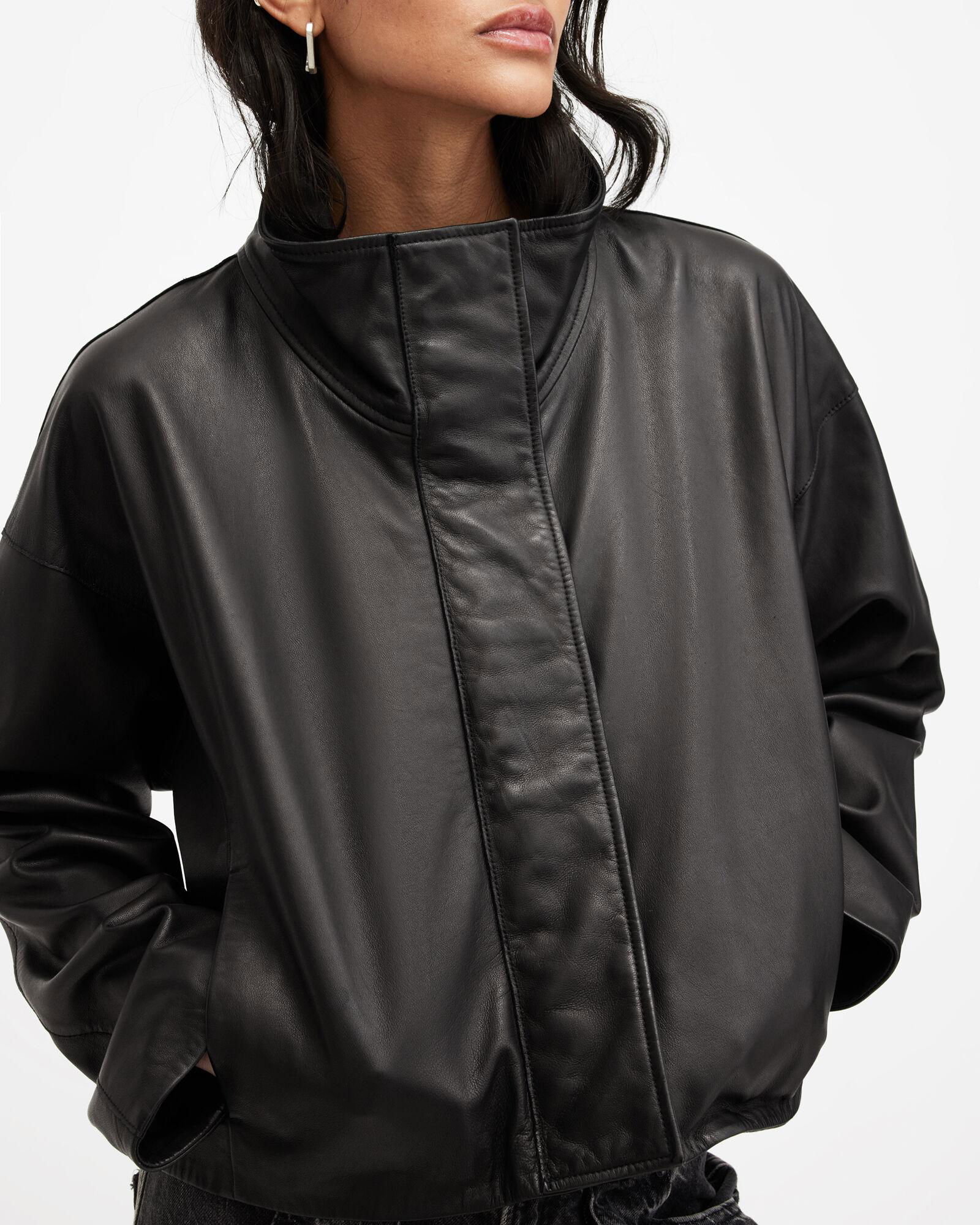ALLSAINTS Ryder Funnel Neck Leather Jacket in Black | Endource