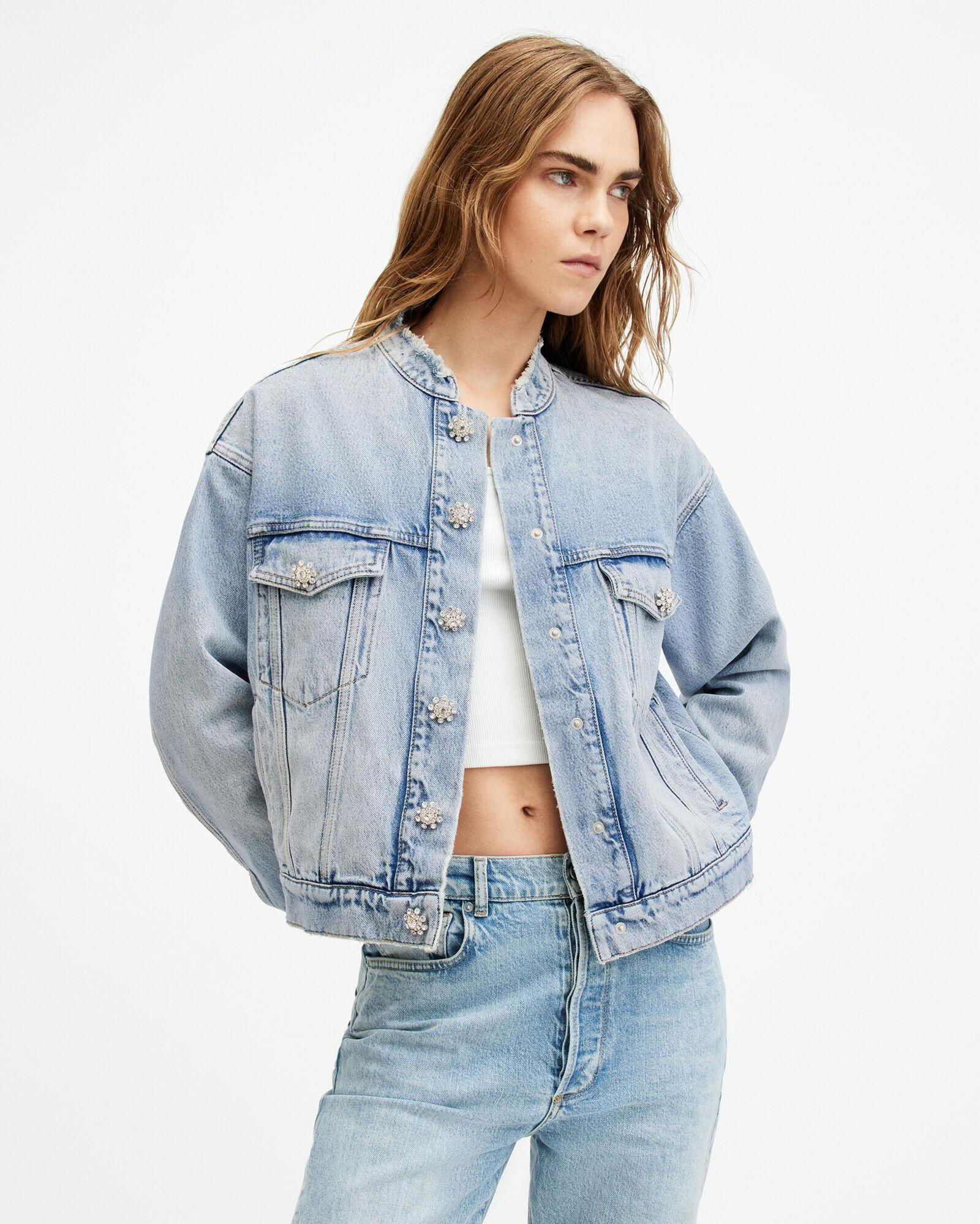 ALLSAINTS Bella Diamond Button Denim Jacket in Light Indigo | endource