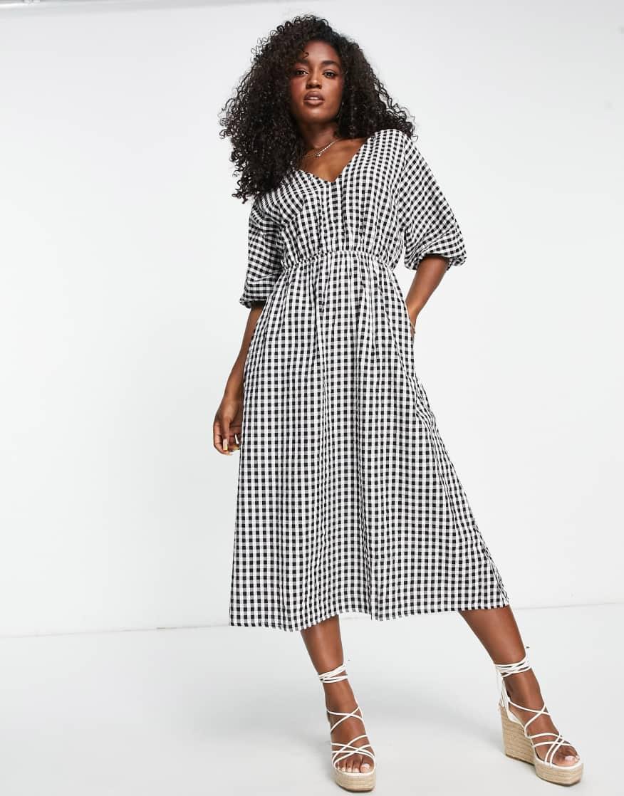MANGO Lace Up Back Puff Sleeve Gingham Midi Dress in BLACK | endource