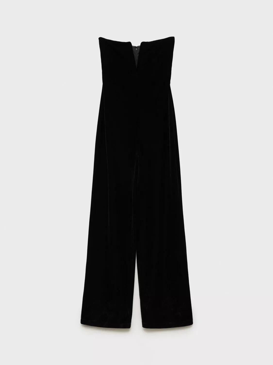 MANGO Tauro Velvet Plunge Bandeau Wide Leg Jumpsuit in Black | endource