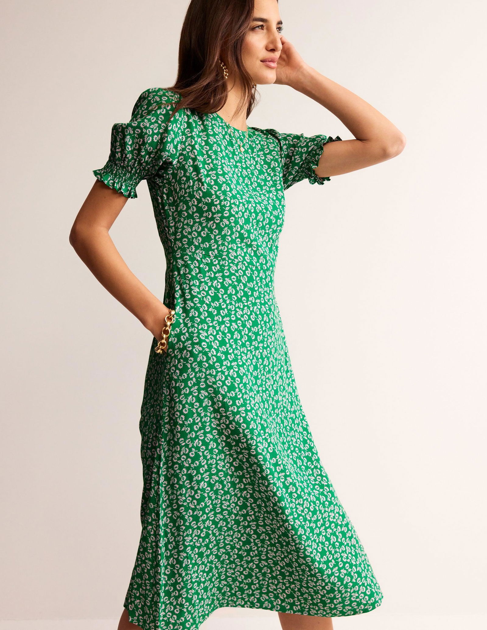 BODEN Corinne Midi Tea Dress-Green Tambourine, Ditsy Bud | endource