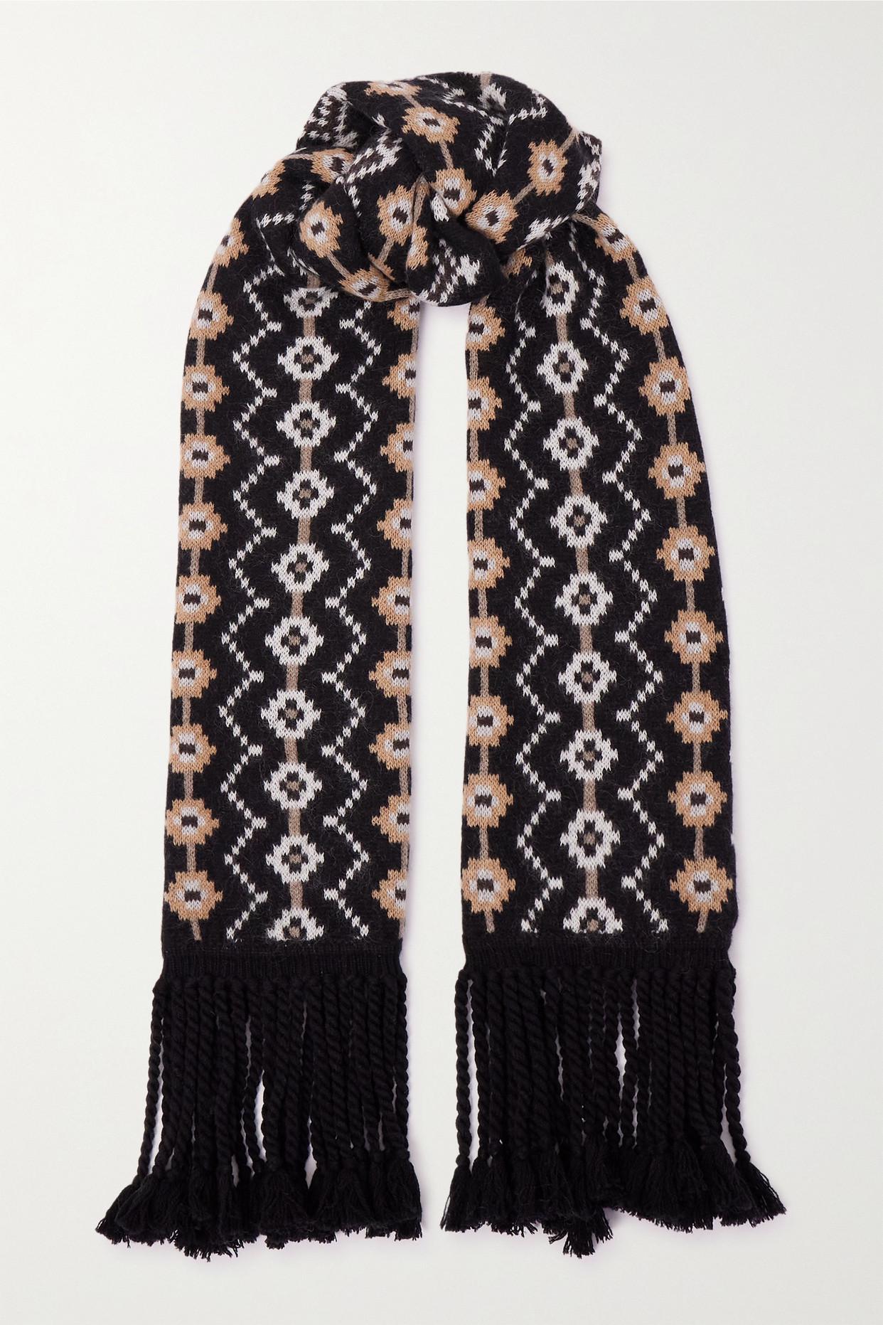 KHAITE Lance Fringed Fair Isle Cashmere-Blend Scarf in Black | Endource