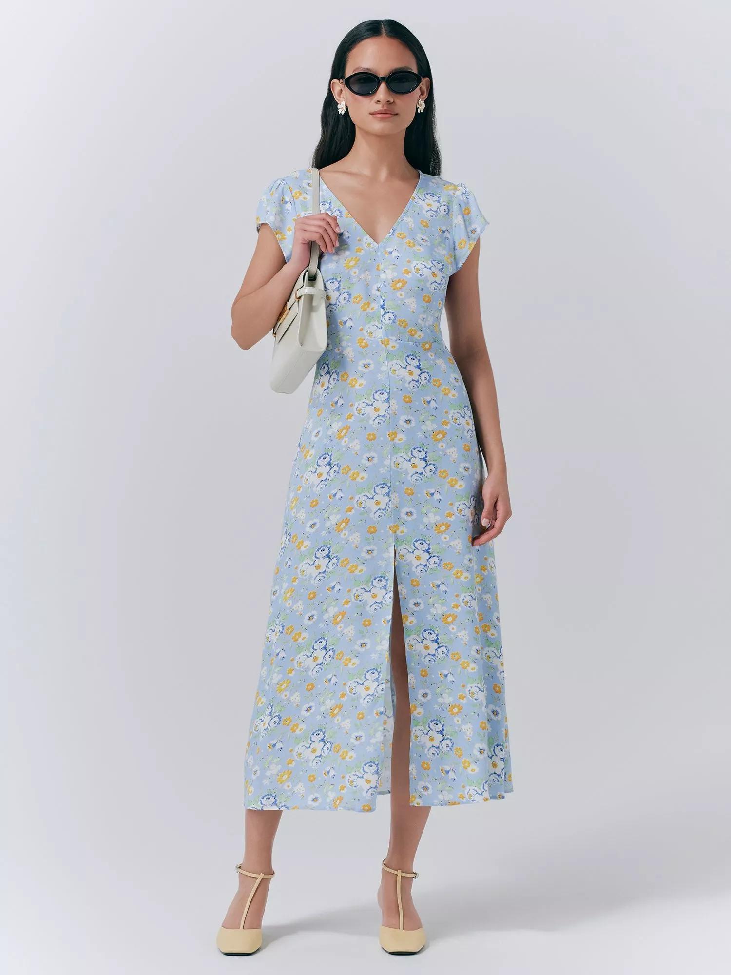 GHOST Blair Floral Midi Dress in Blue/Multi | endource