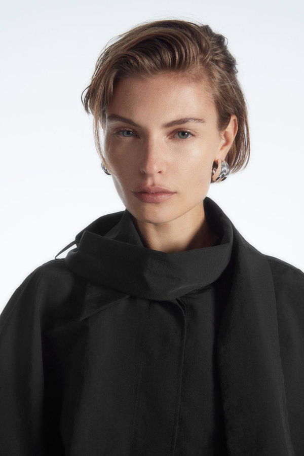 COS Scarf-Detail Cropped Hybrid Trench Coat in BLACK | Endource