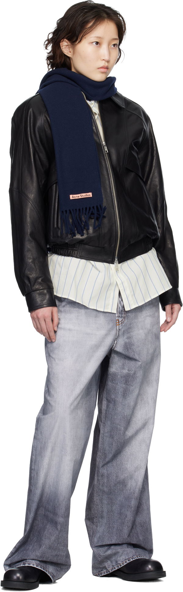 ACNE STUDIOS Navy Fringe Wool Narrow Scarf | endource